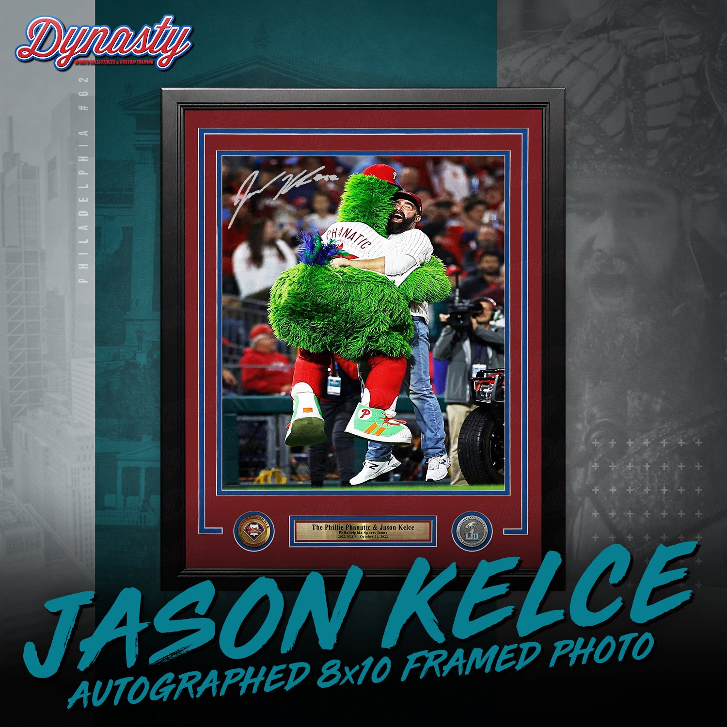 Jason Kelce Celebrates with The Phillie Phanatic NLCS Autographed Fram